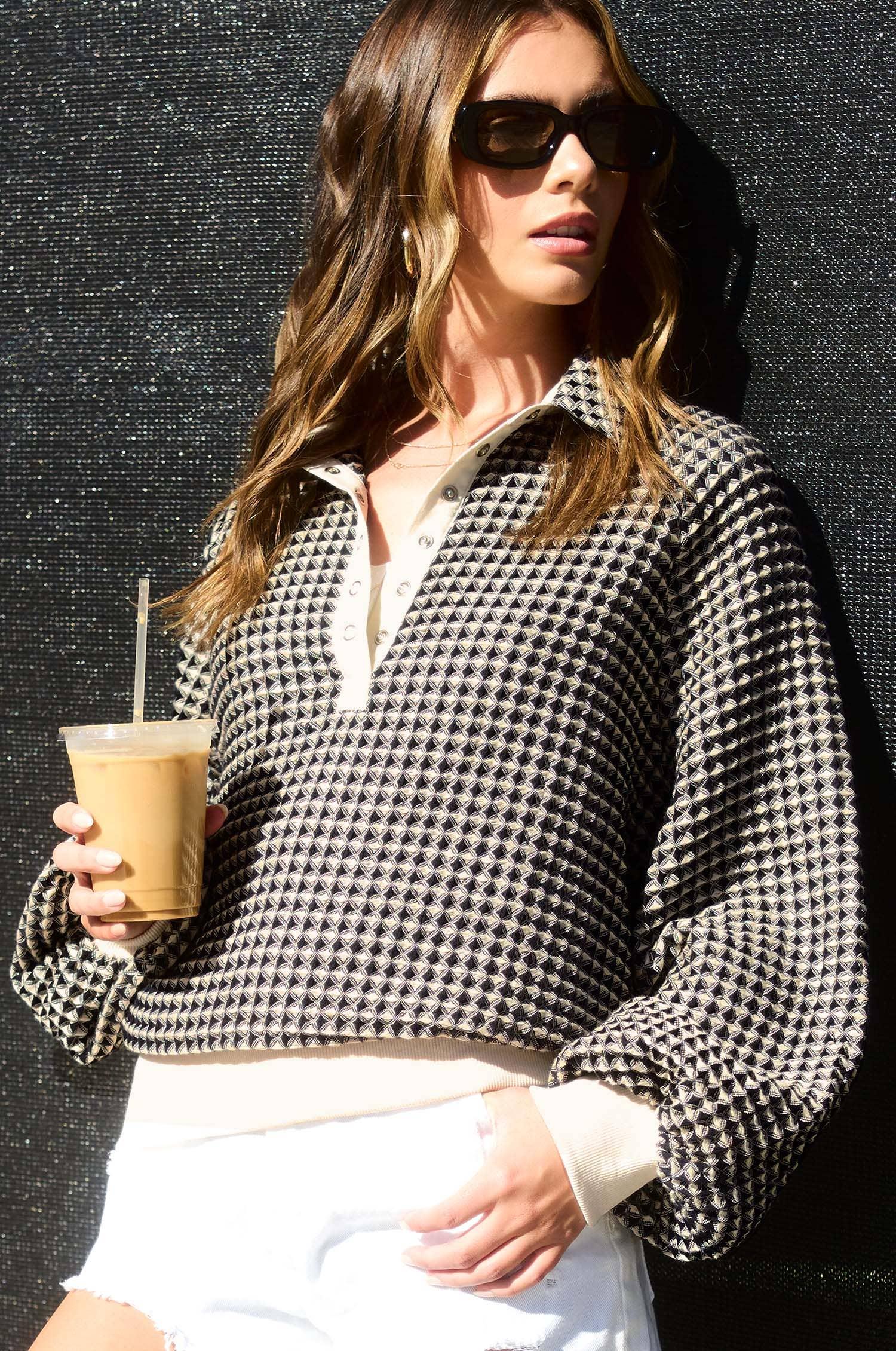 Waffle Texture Collared Sweatshirt